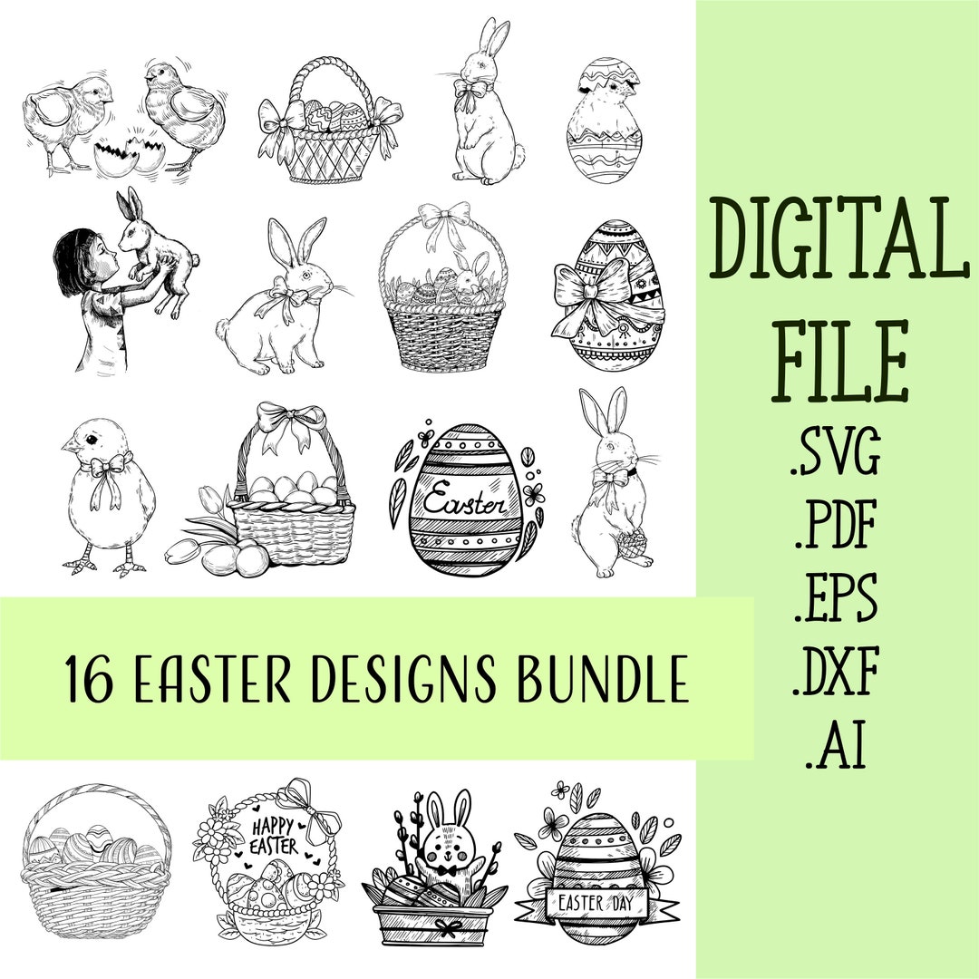 16 Easter Hand Drawn Designs SVG Bundle, Happy Easter Eggs Svg, Easter ...