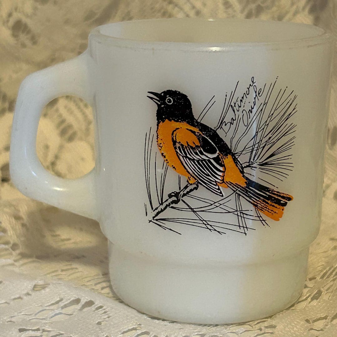 Vintage Anchor Hocking Fire King Baltimore Oriole & Blue Jay Stackable ...