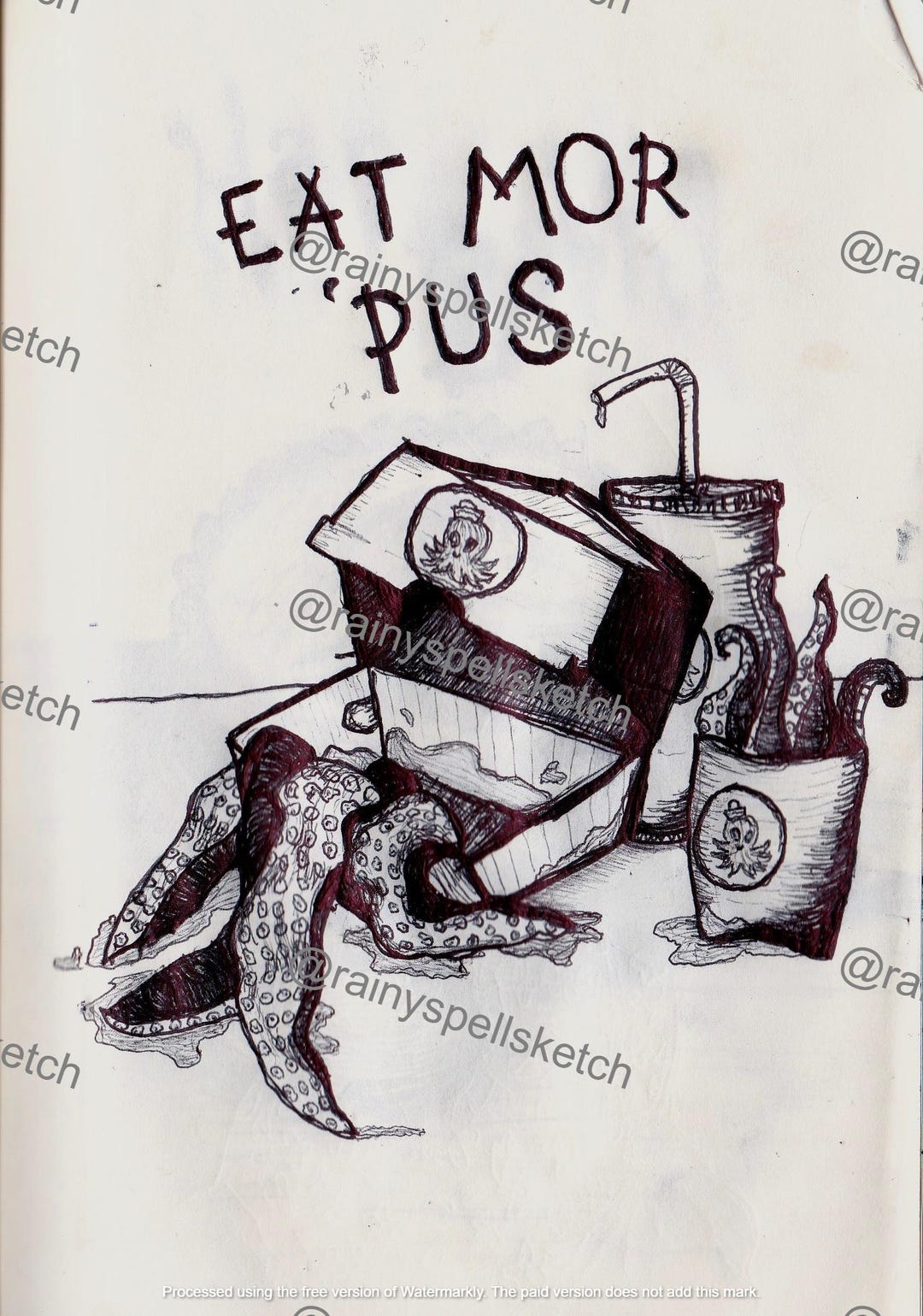 Eat Mor Octopus Takeout Pen and Ink Drawing Original Art Design Print ...