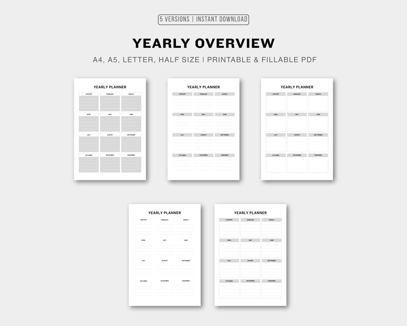 Yearly Overview Planner Printable | Fillable PDF, Undated (A4, A5 ...