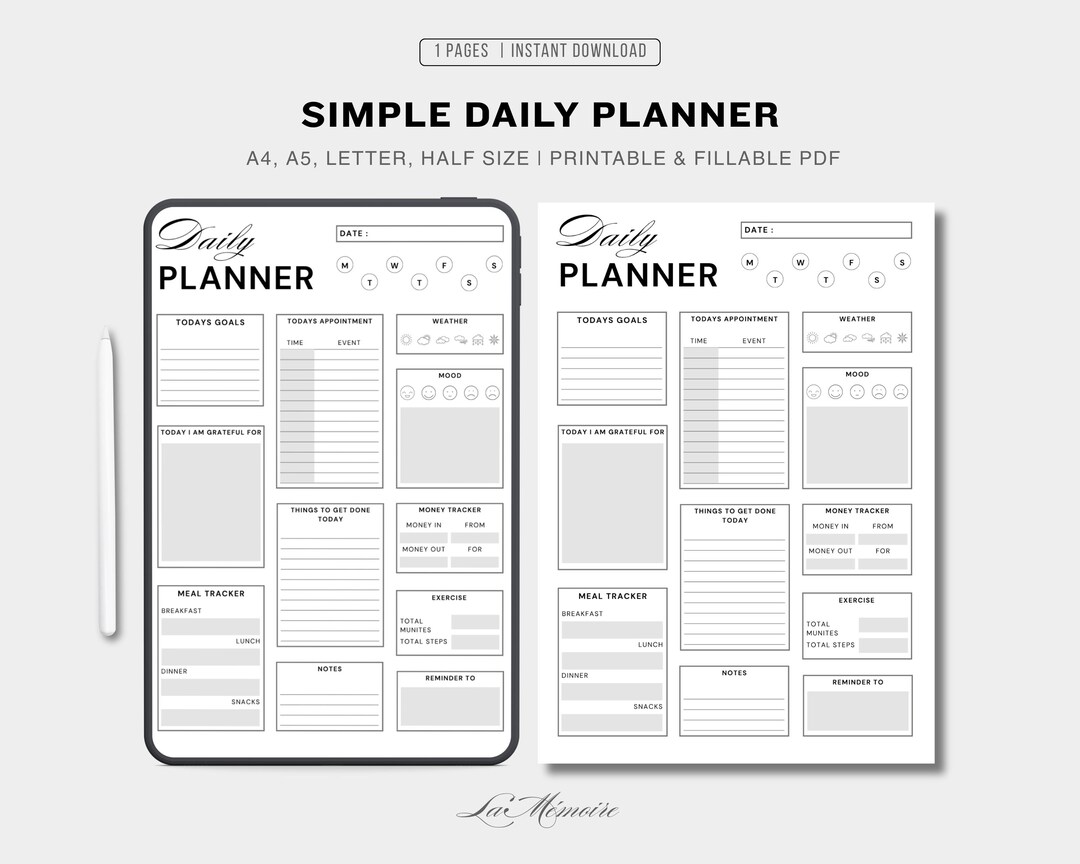 Simple Daily Planner Printable, Fillable PDF, A4 A5 Letter Half Size ...