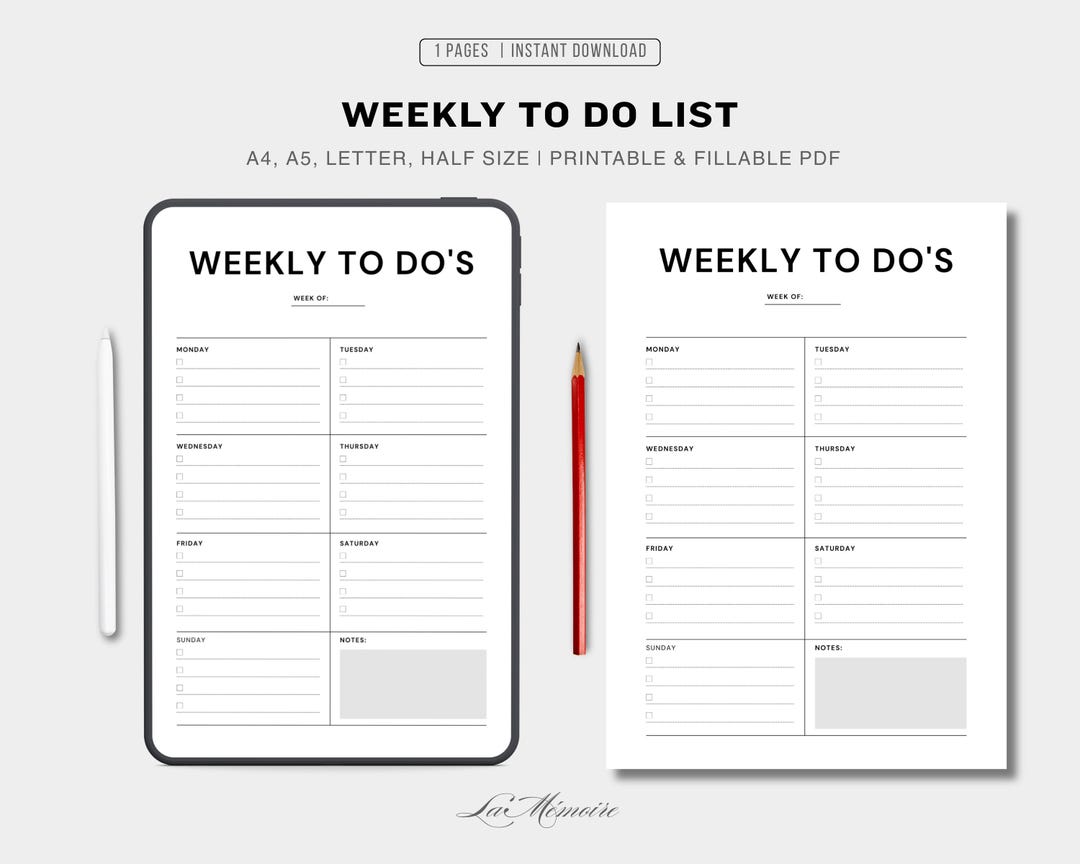 Weekly to Do’s Planner Printable & Fillable PDF | Minimal Weekly Task ...