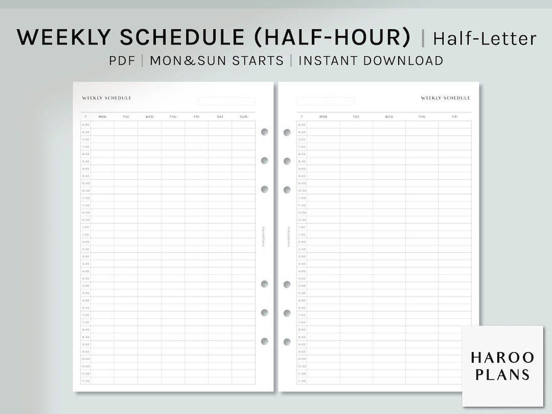 Half-hour Weekly Schedule | Half-letter Printable Planner Inserts ...