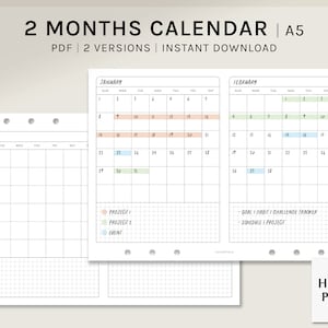 2 Month Calendar | A5 Printable Planner Inserts | Two Months on 1 Page ...