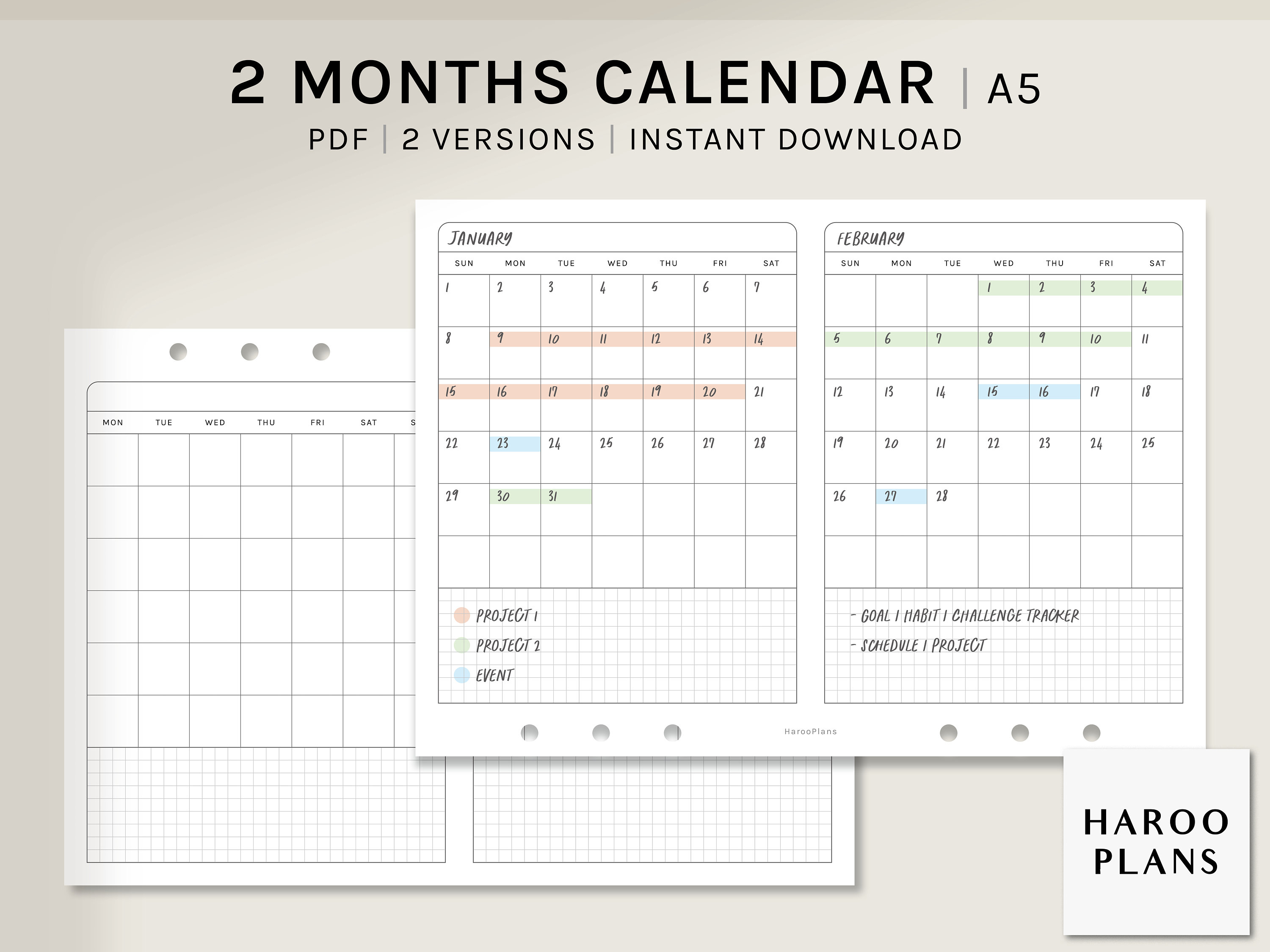2 Month Calendar A5 Printable Planner Inserts Two Months - Etsy