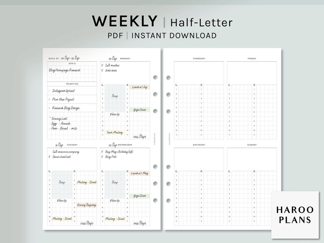 Weekly Planner | Half-letter Printable Planner Inserts | WO2P Layout ...