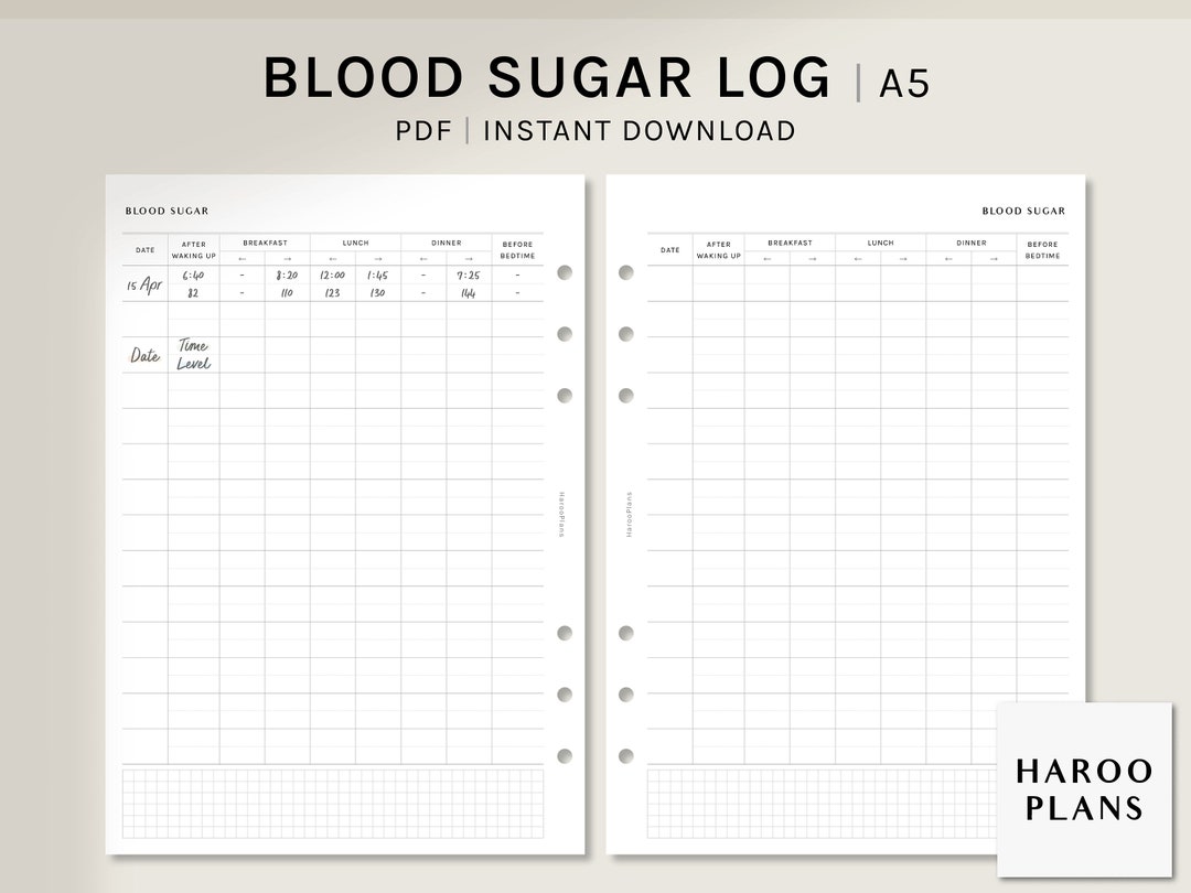 Blood Sugar Log | A5 Printable Planner Inserts | Blood Glucose Level ...