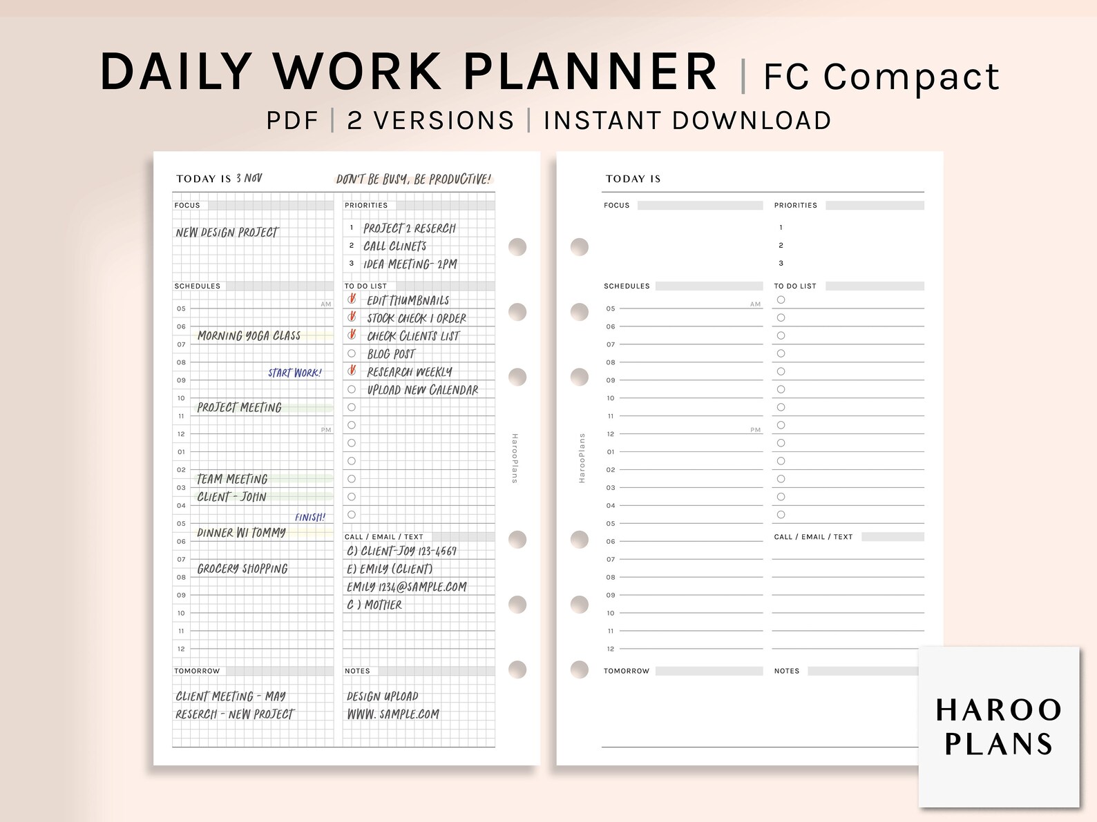 Daily Work Planner | FC Compact Size Printable Inserts | Productivity ...