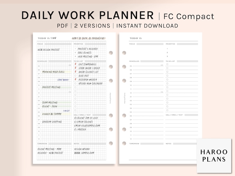 Daily Work Planner | FC Compact Size Printable Inserts | Productivity ...