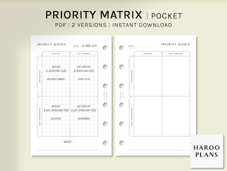 Priority Matrix | Pocket Ring Printable Planner Inserts | Urgent ...