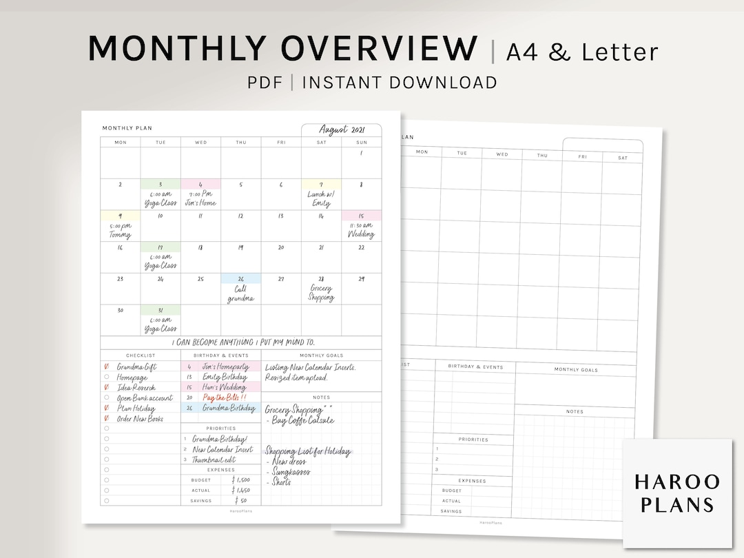 Monthly Overview | A4, US Letter Printable Planner Inserts | MO1P ...