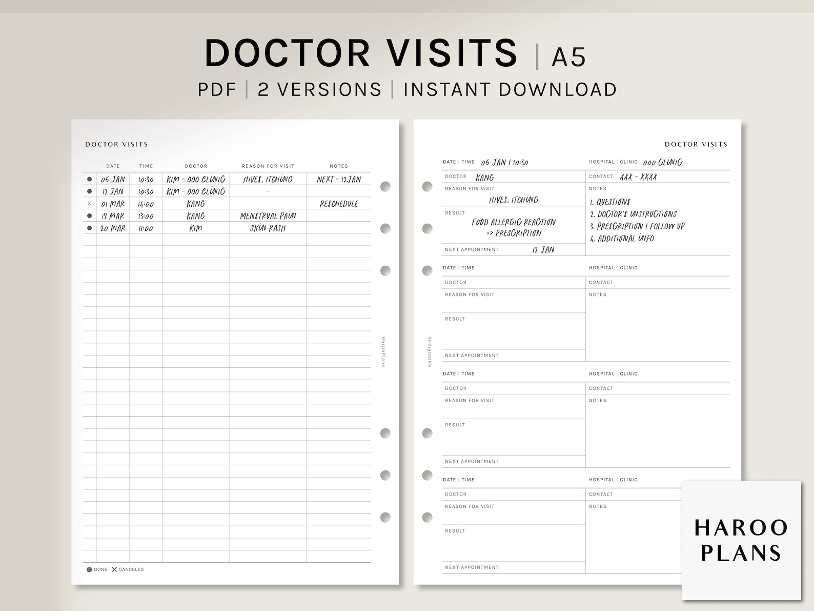 Doctor Visits Log | A5 Printable Planner Inserts | Medical Appointments ...