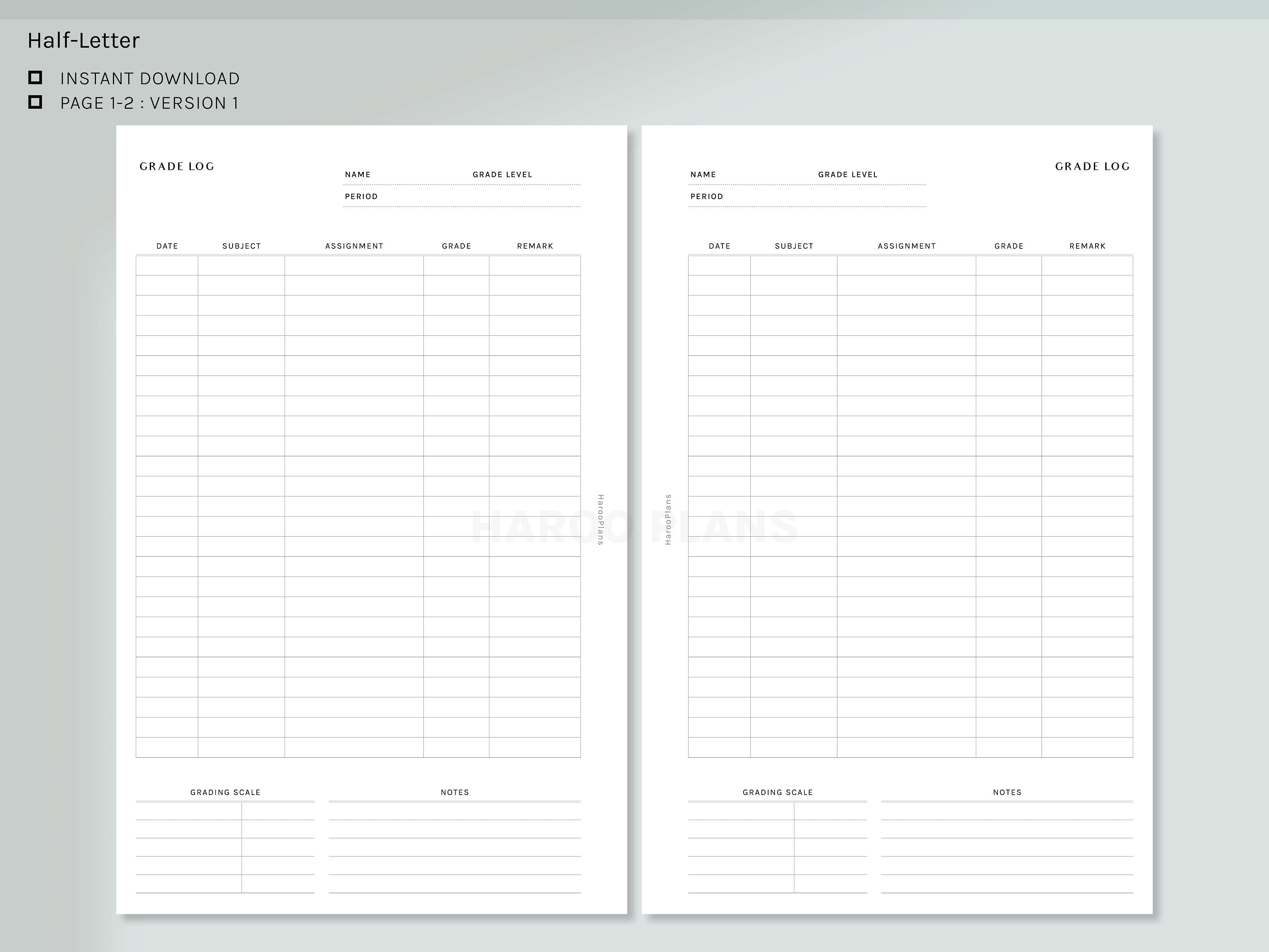 Grade Log Sheet | Half-letter Printable Planner Inserts | Homeschool ...