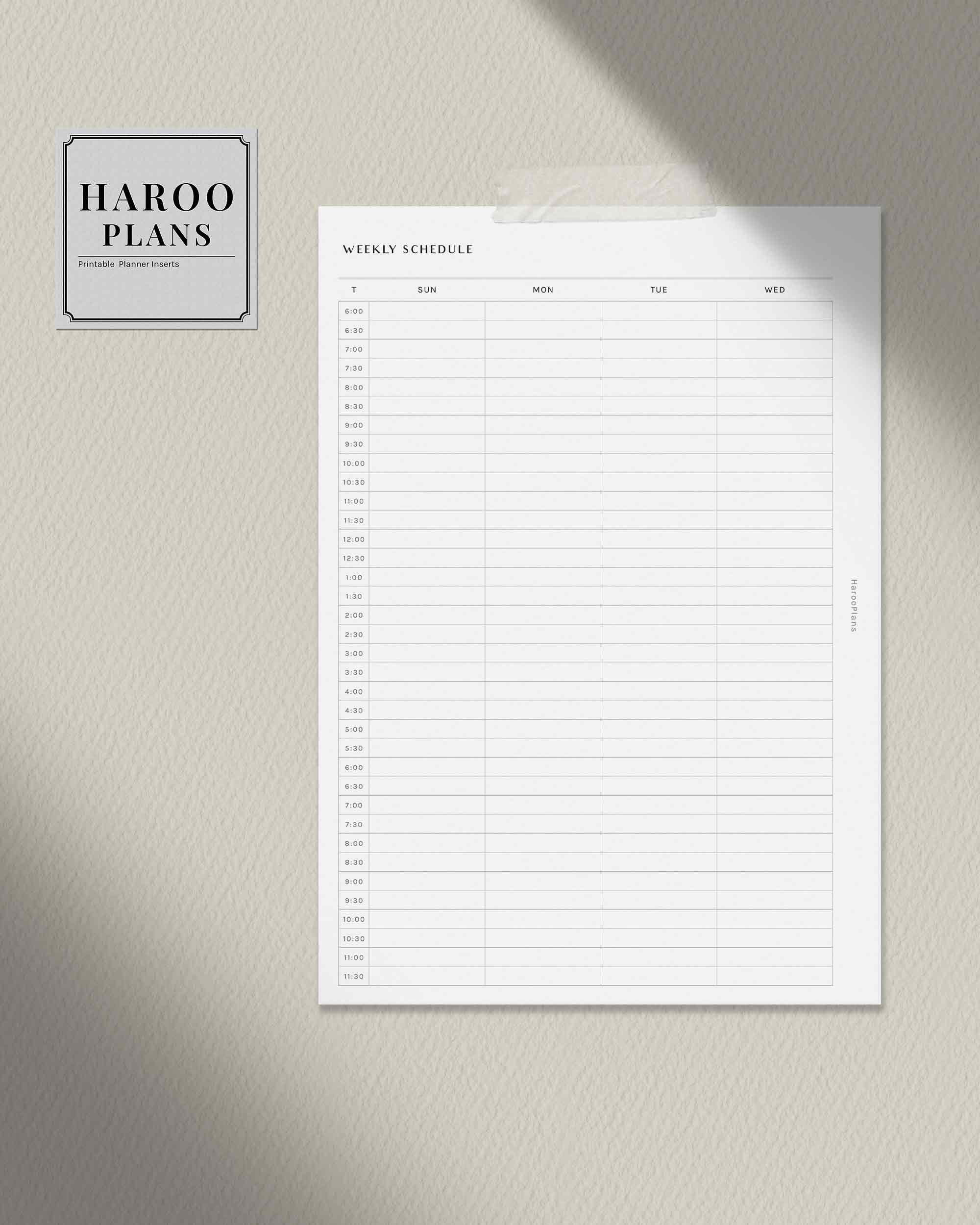 Half Hour Weekly Schedule | A5 Printable Planner Inserts | WO2P Layout ...