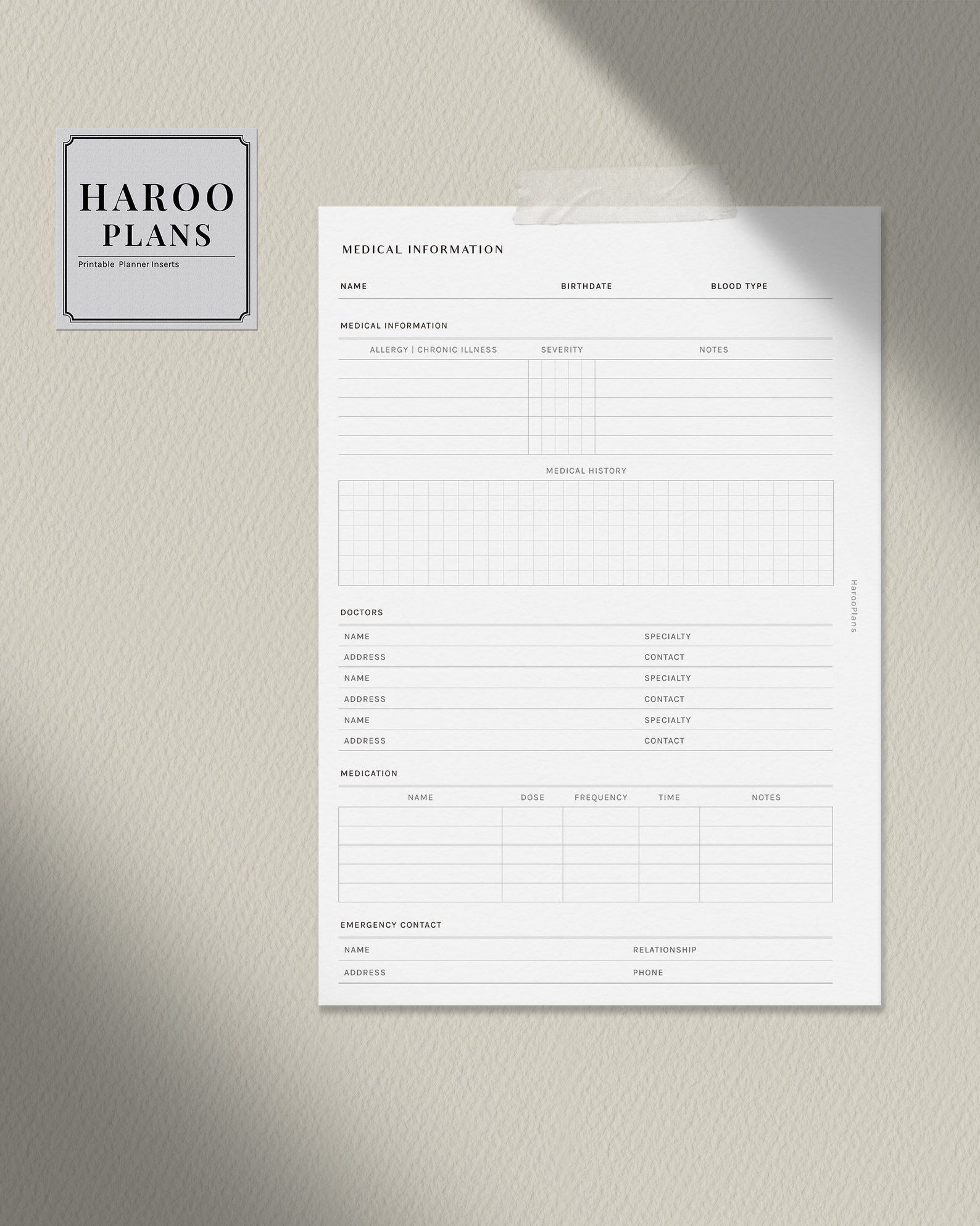 Medical Information Sheet | A5 Printable Planner Inserts | Simple ...