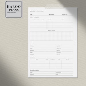 Medical Information Sheet | A5 Printable Planner Inserts | Simple ...