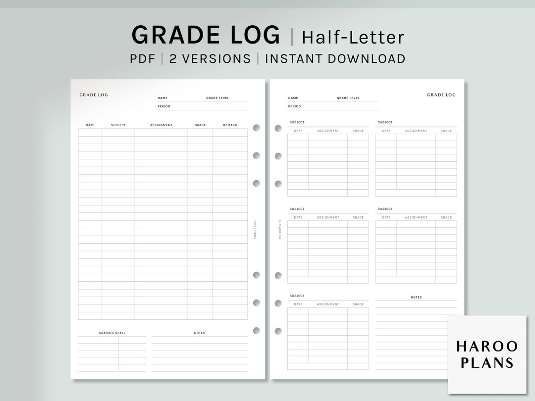Grade Log Sheet | Half-letter Printable Planner Inserts | Homeschool ...