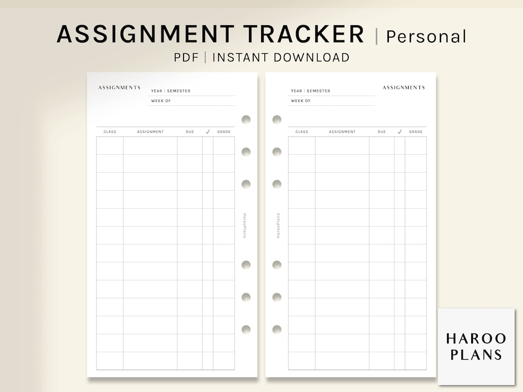 Assignment Tracker | Personal Size Printable Planner Inserts | Homework ...