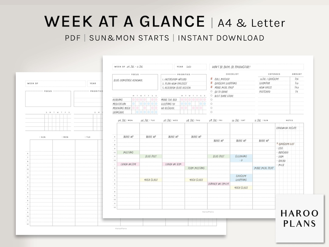 Week at a Glance | A4, US Letter | Printable Planner Inserts ...