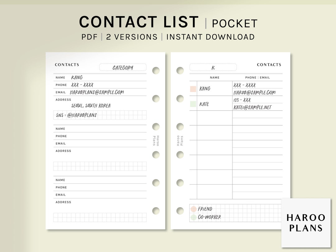 Contact List Sheet | Pocket Size Printable Planner Inserts | Phone ...