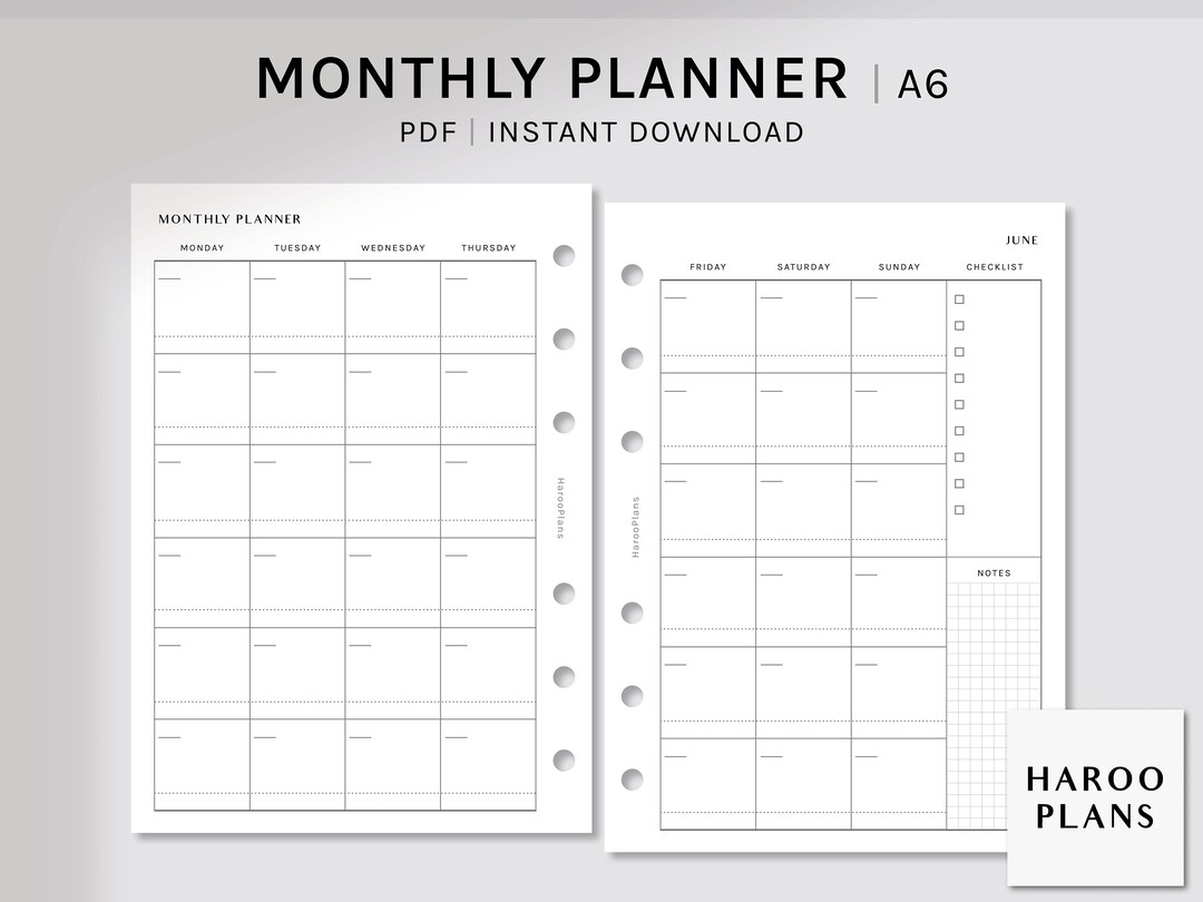 Undated Monthly Printable Planner Inserts | A6 | MO2P Template PDF ...
