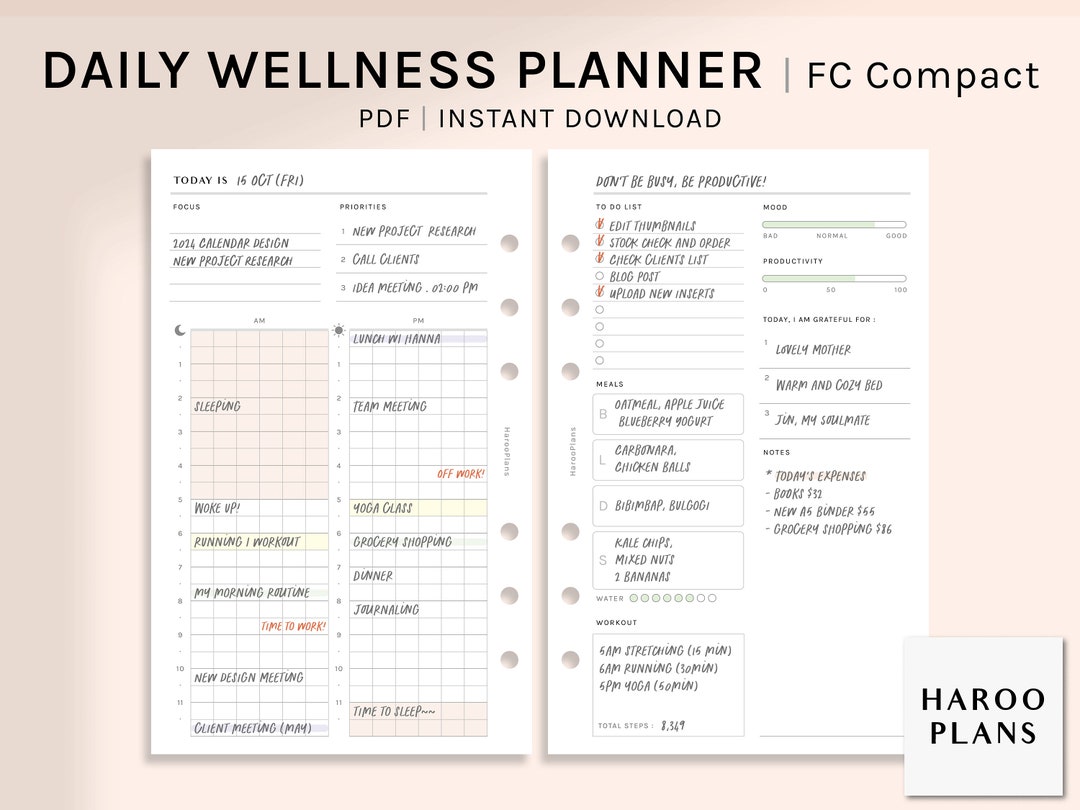 Daily Wellness Planner | FC Compact Printable Inserts | Schedule ...