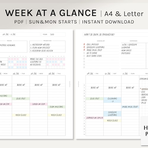 Week at a Glance A4 US Letter Printable Planner Inserts | Etsy
