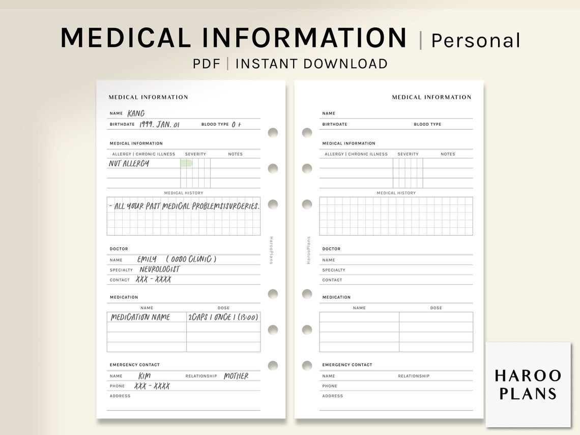 Medical Information | Personal Size Printable Planner Inserts | Simple ...