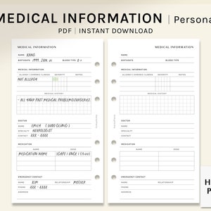 Medical Information | Personal Size Printable Planner Inserts | Simple ...