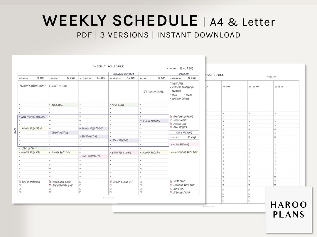 Undated Weekly Schedule Printable | A4, US Letter| Planner Inserts ...
