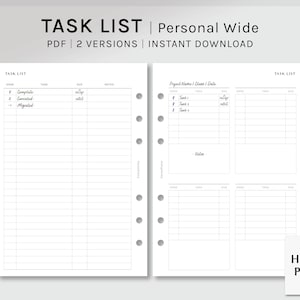 Task List | Personal Wide Printable Planner Inserts | to Do List ...
