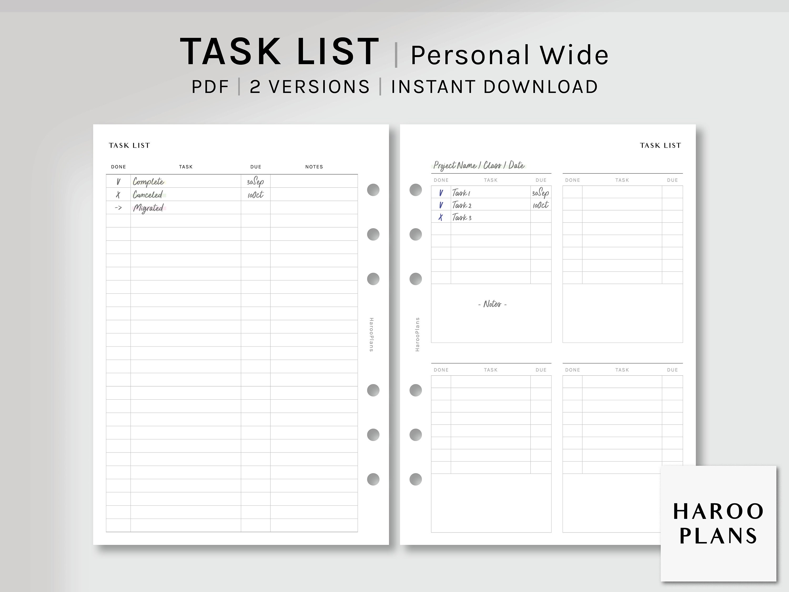 Task List Personal Wide Printable Planner Inserts to Do - Etsy