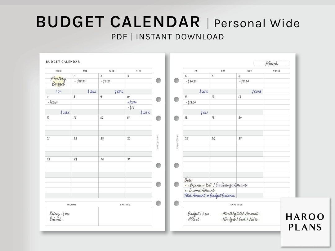 Budget Calendar | Personal Wide Printable Planner Inserts | Monthly ...