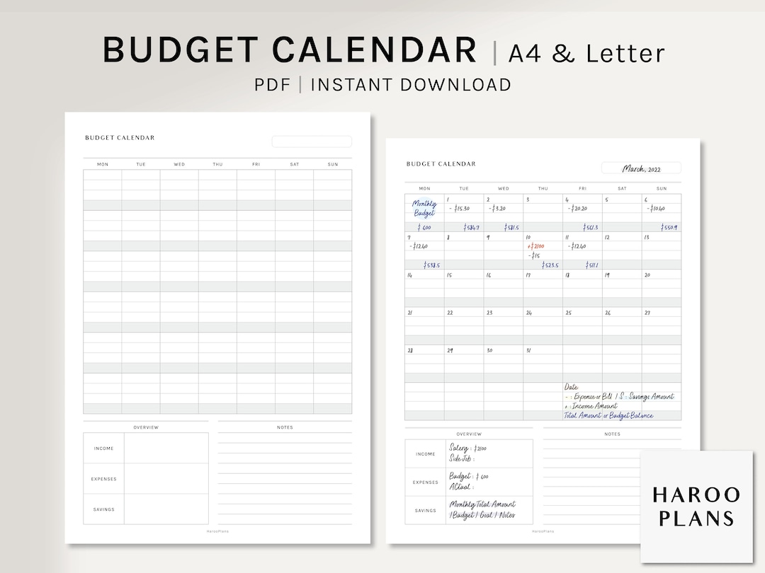 Budget Calendar | A4, US Letter Printable Planner Inserts | Monthly ...