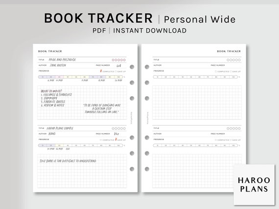 Book Tracker Personal Wide Printable Planner Inserts | Etsy