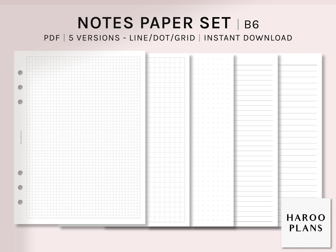 Basic Notes Paper Set | B6 Ring | Printable Planner Inserts | Study ...