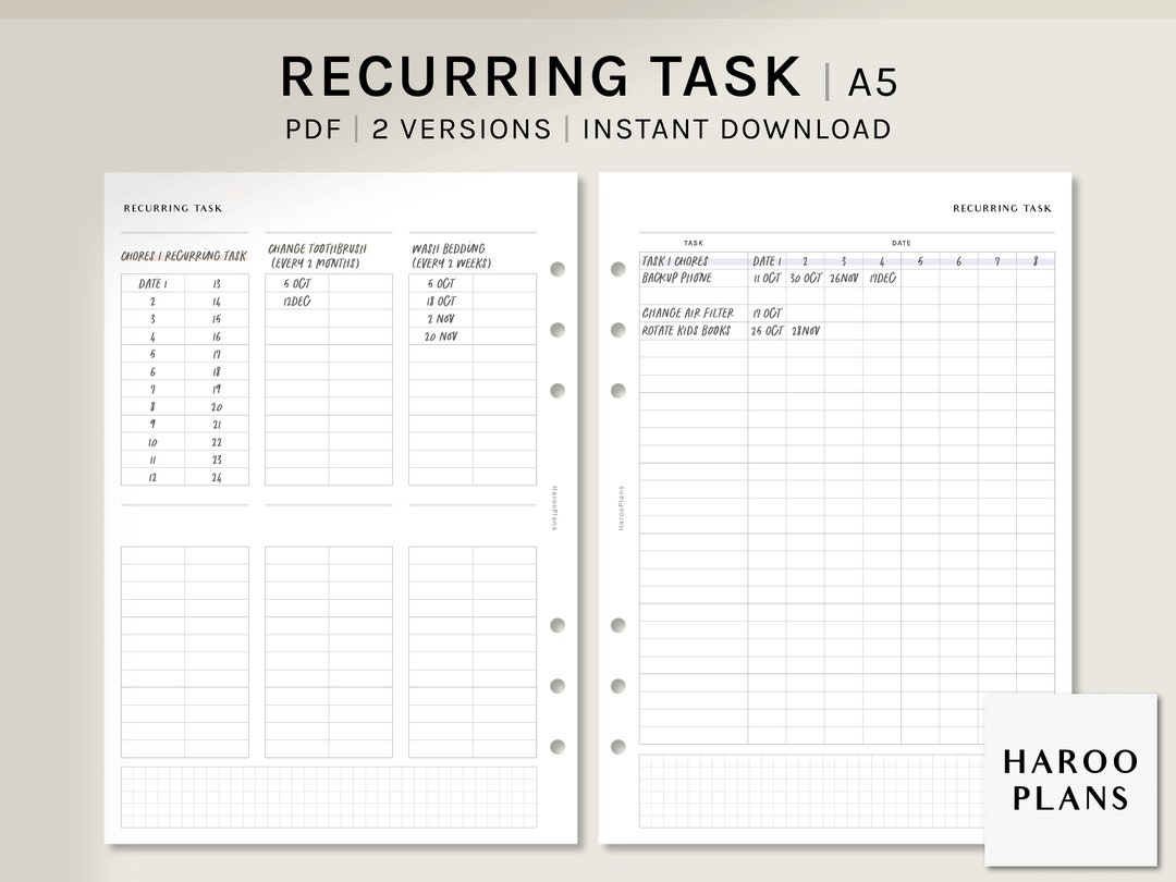 Recurring Task Log A5 Printable Planner Inserts Habit Chores Tracker ...