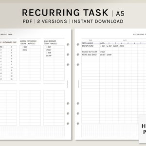 Recurring Task Log | A5 Printable Planner Inserts | Habit Chores Tracker Template | When Did I ...