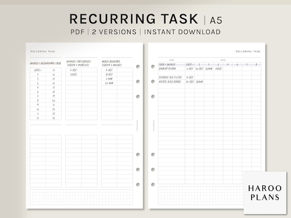 Recurring Task Log A5 Printable Planner Inserts Habit | Etsy