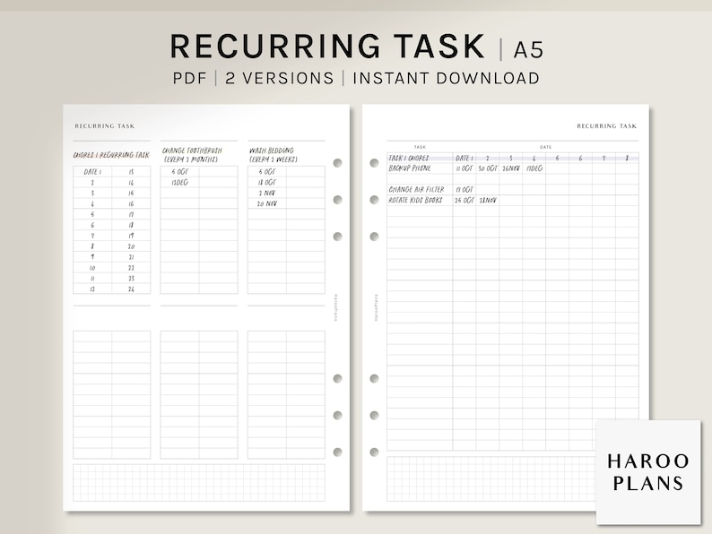 Recurring Task Log | A5 Printable Planner Inserts | Habit Chores ...