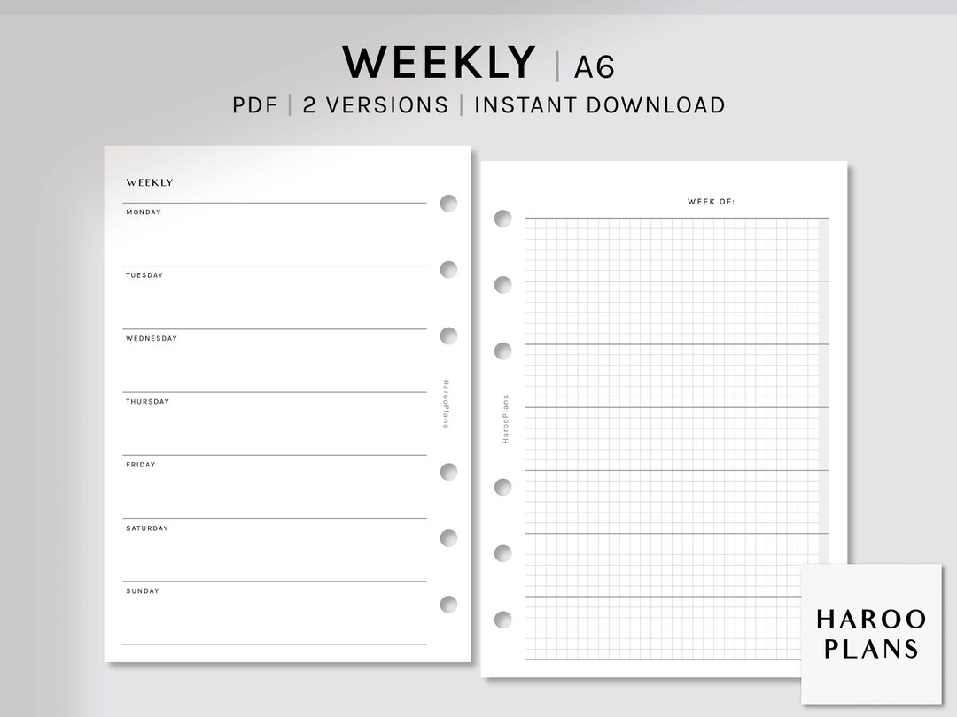 Undated Weekly | A6 | Printable Planner Inserts | WO1P Layout With Grid ...