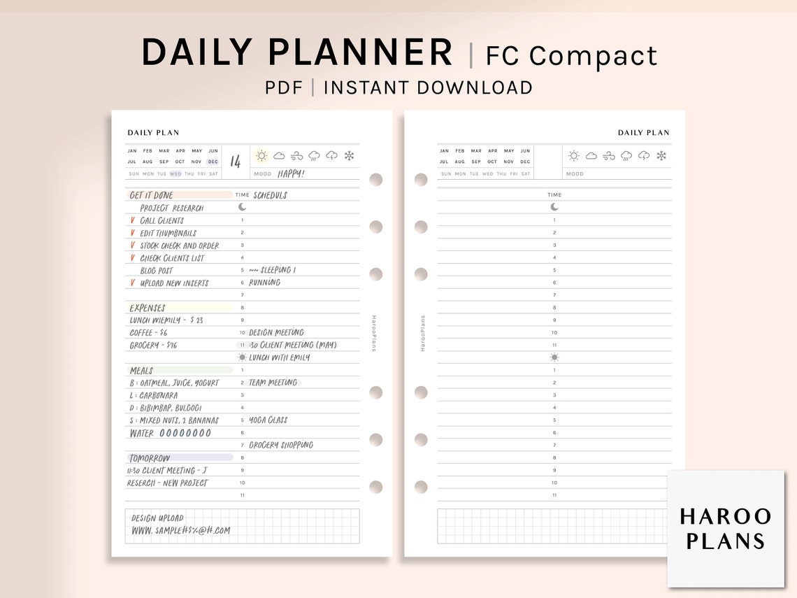 Daily Planner | FC Compact Size Printable Inserts | 24hours Schedule ...