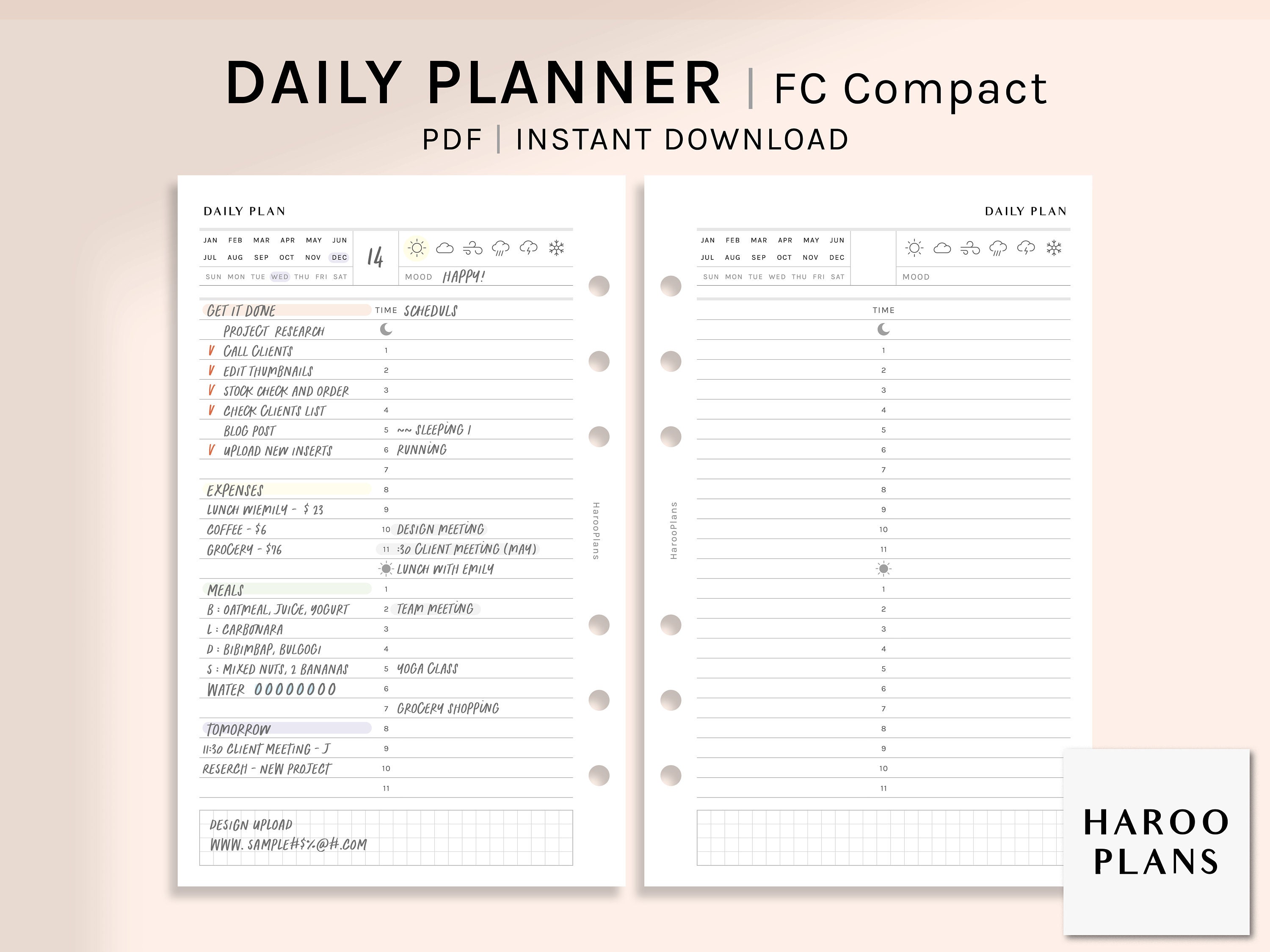 Daily Planner | FC Compact Size Printable Inserts | 24hours Schedule ...