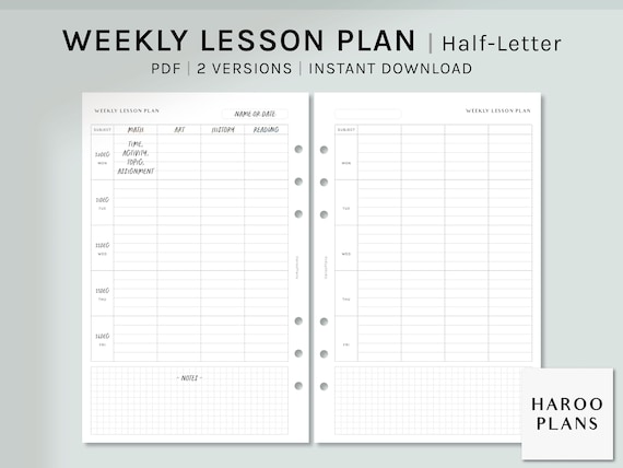 Weekly Lesson Planner Half-letter Printable Inserts | Etsy