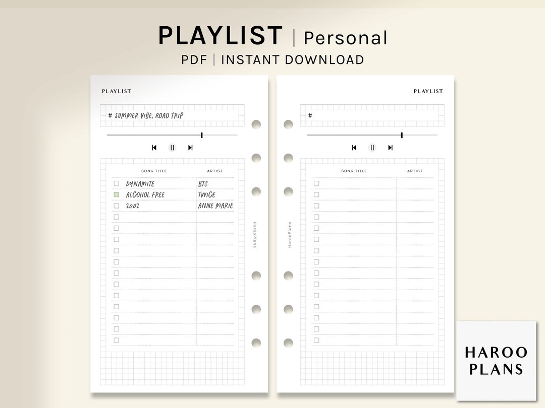 Playlist Sheets Personal Ring Printable Inserts Music List Journal ...
