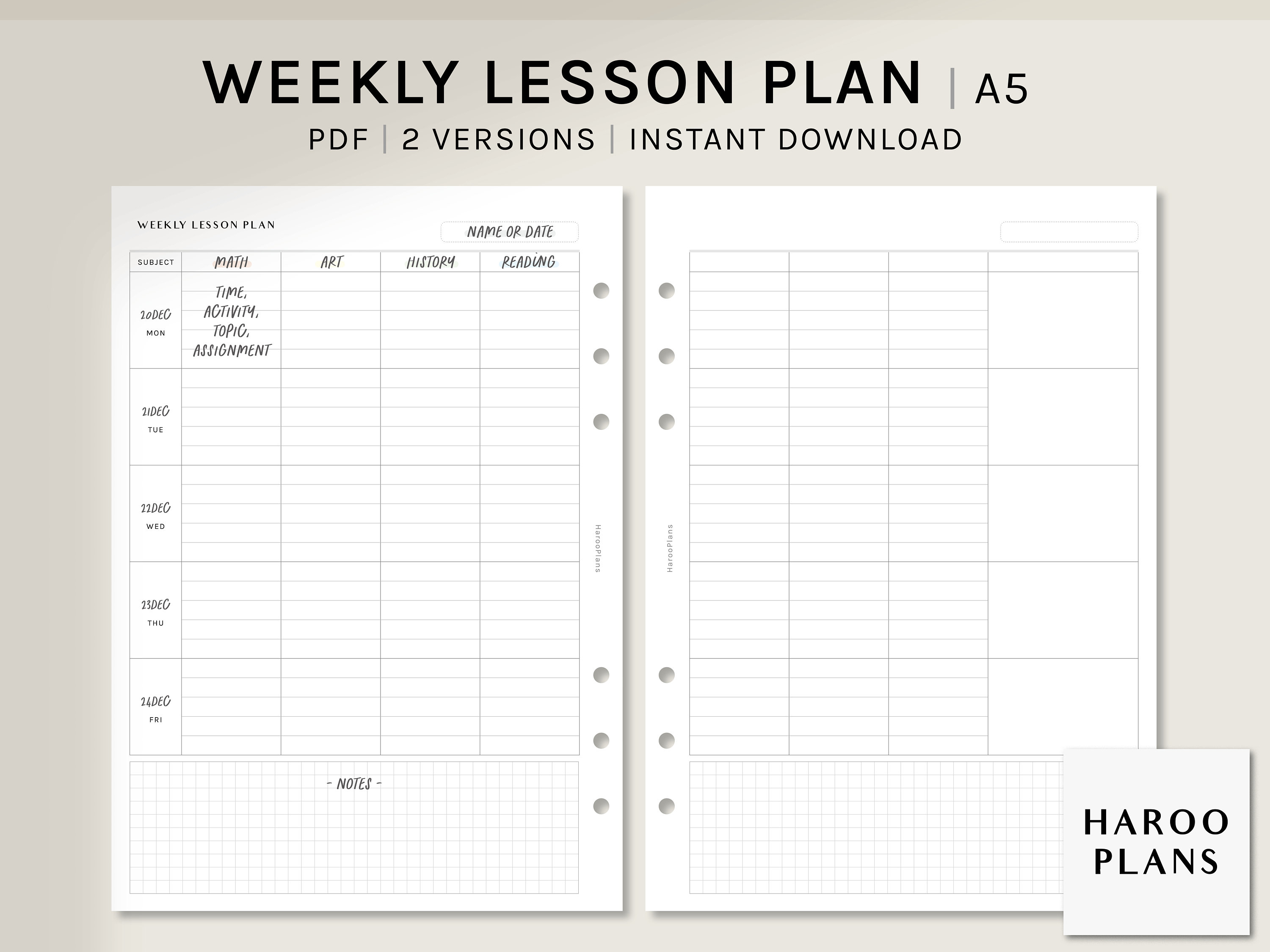 Weekly Lesson Planner A5 Printable Inserts Simple - Etsy
