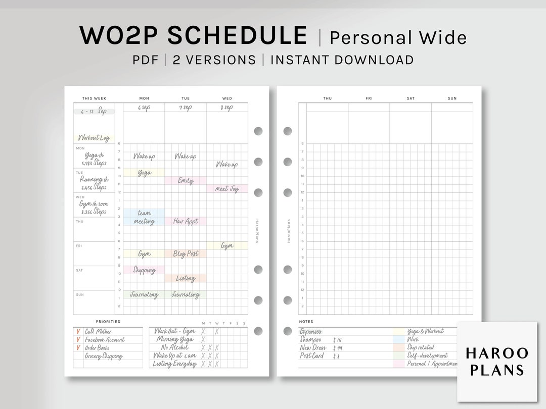 WO2P Schedule | Personal Wide Printable Planner Inserts | Weekly Time ...