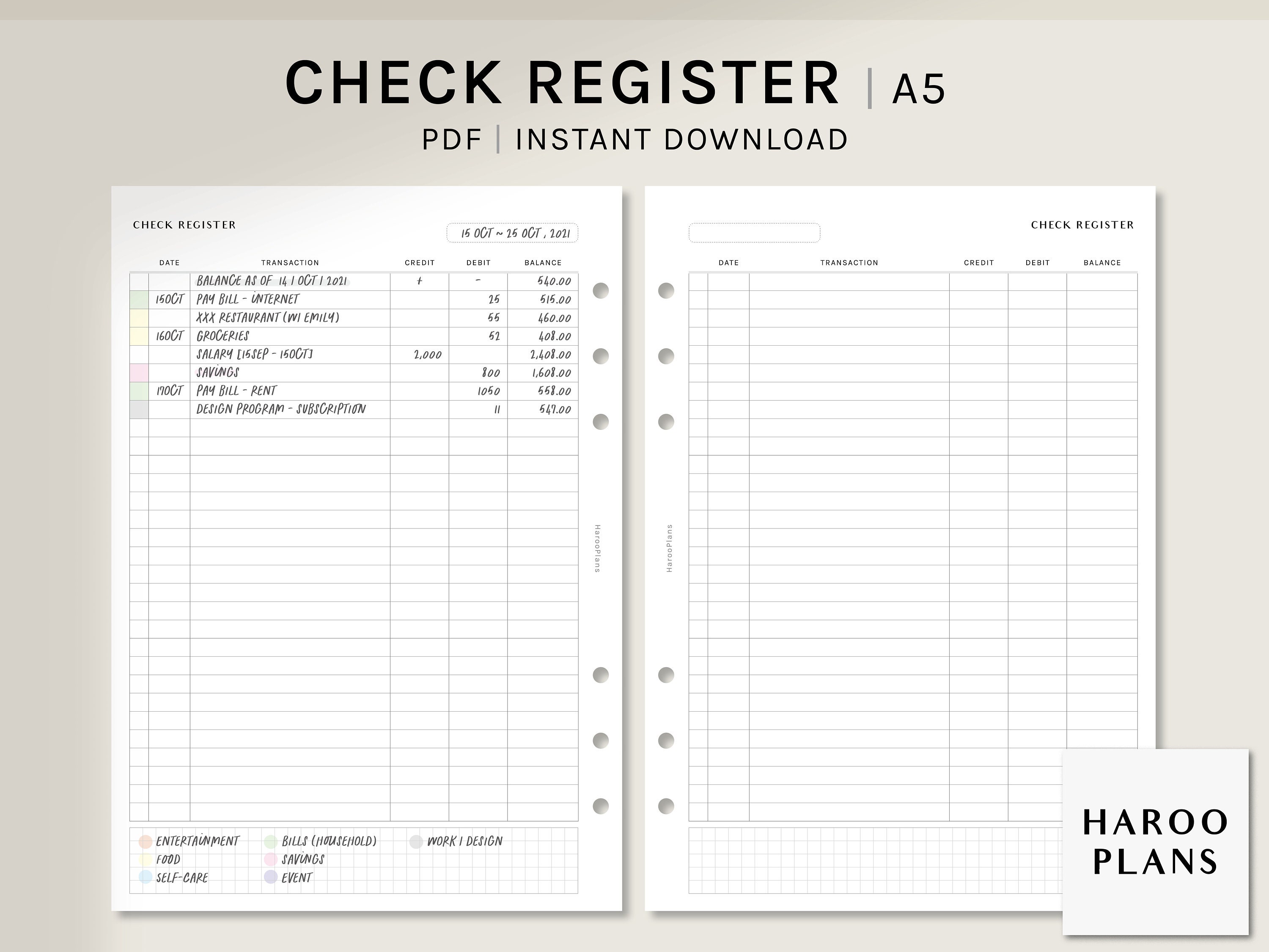 Check Register A5 Printable Planner Inserts Checkbook - Etsy