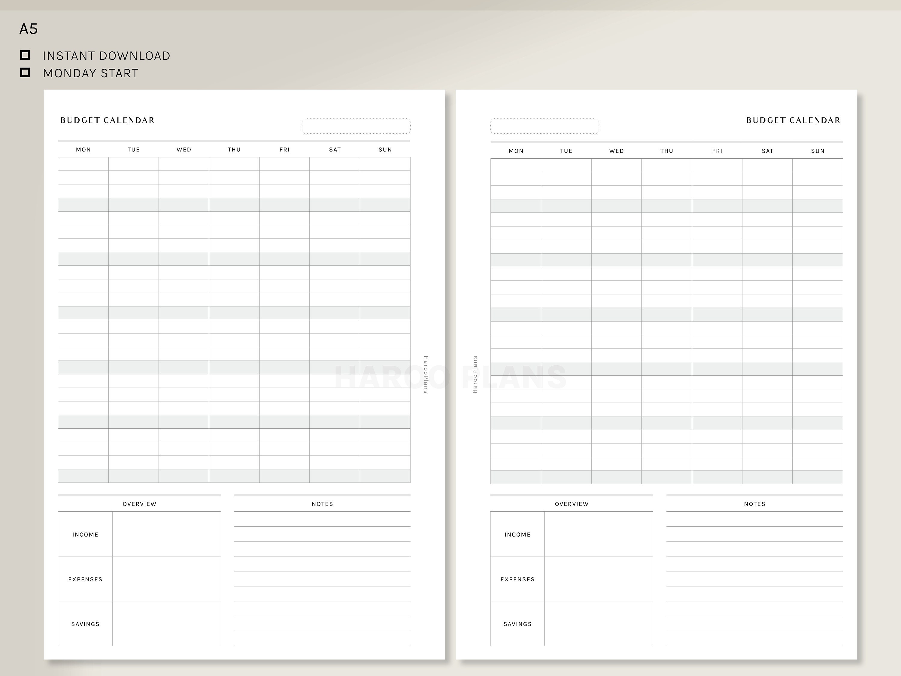 Budget Calendar | A5 Printable Planner Inserts | Monthly Financial ...