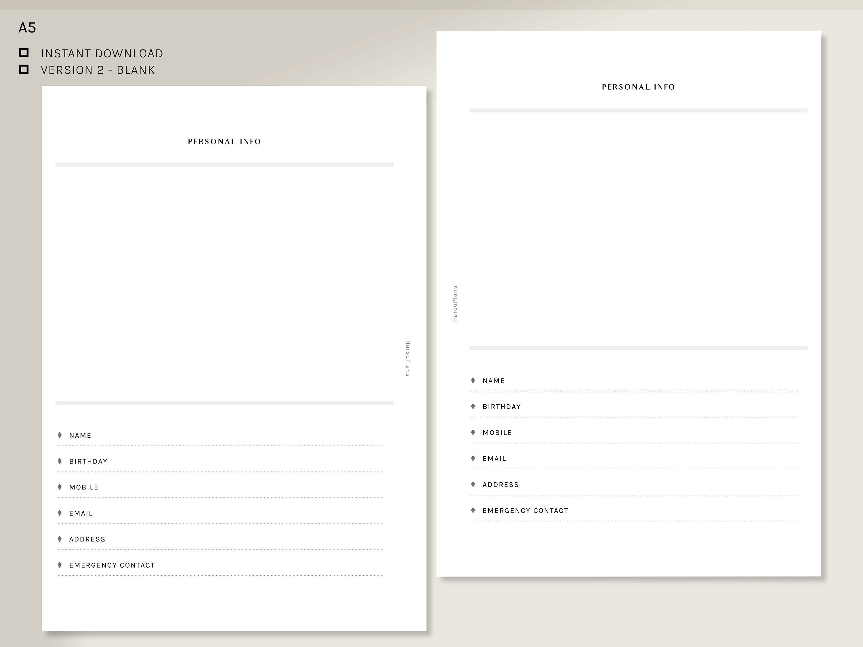 Personal Information Page | A5 | Personal Data Sheet Printable Planner ...